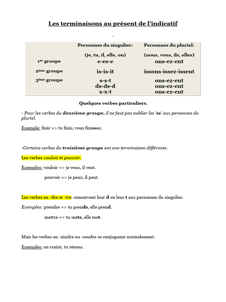 Terminaisons des verbes au présent | PDF | Verbe | Linguistique