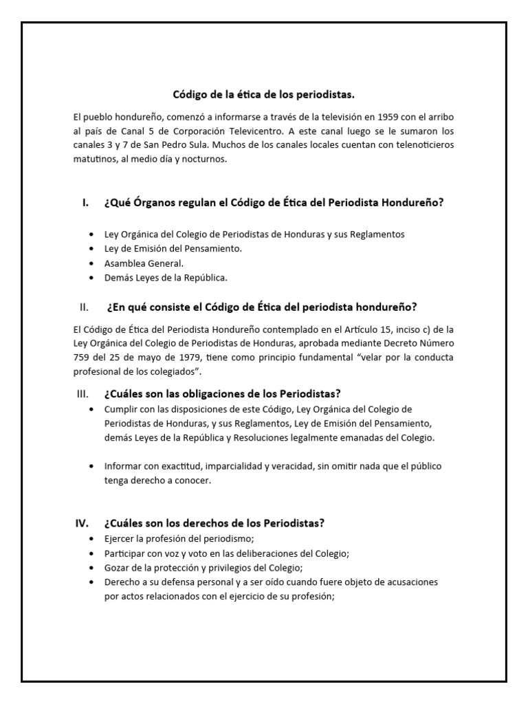 Cod - Etica de Los Periodistas Hon. | PDF | Honduras | Periodista