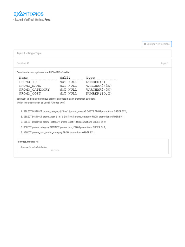 Oracle SQL Exam 1Z0-071 Questions | PDF | Table (Database) | Database ...