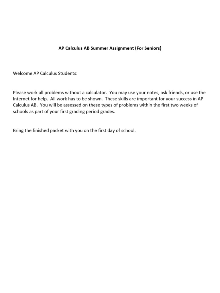 Summer Assignment AP Calculus AB - tcm6-98605 | PDF | Function ...