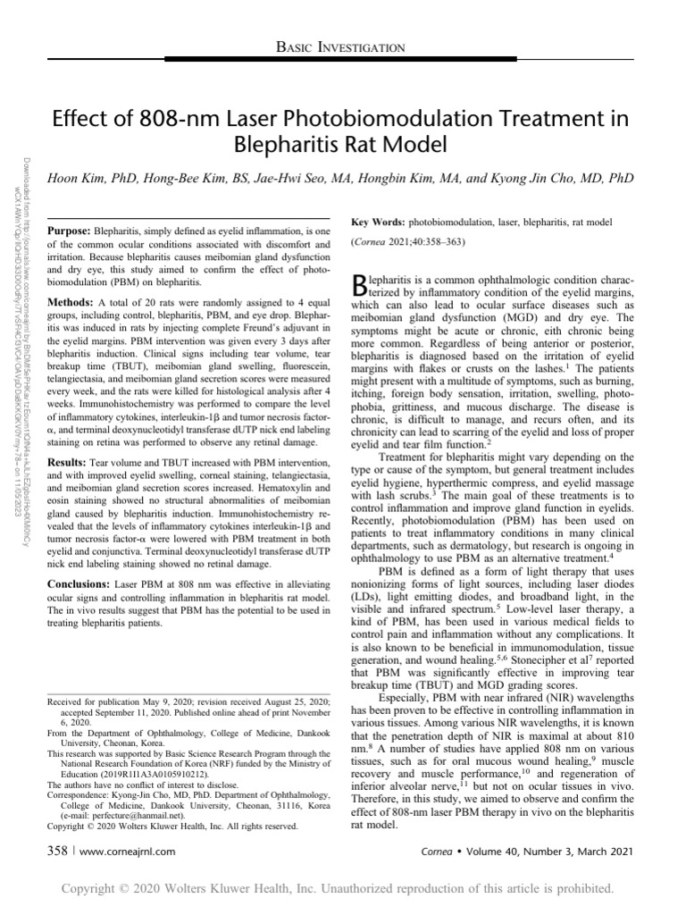 Effect of 808-nm Laser Photobiomodulation Treatment in Blepharitis Rat Model | PDF | Human Eye ...