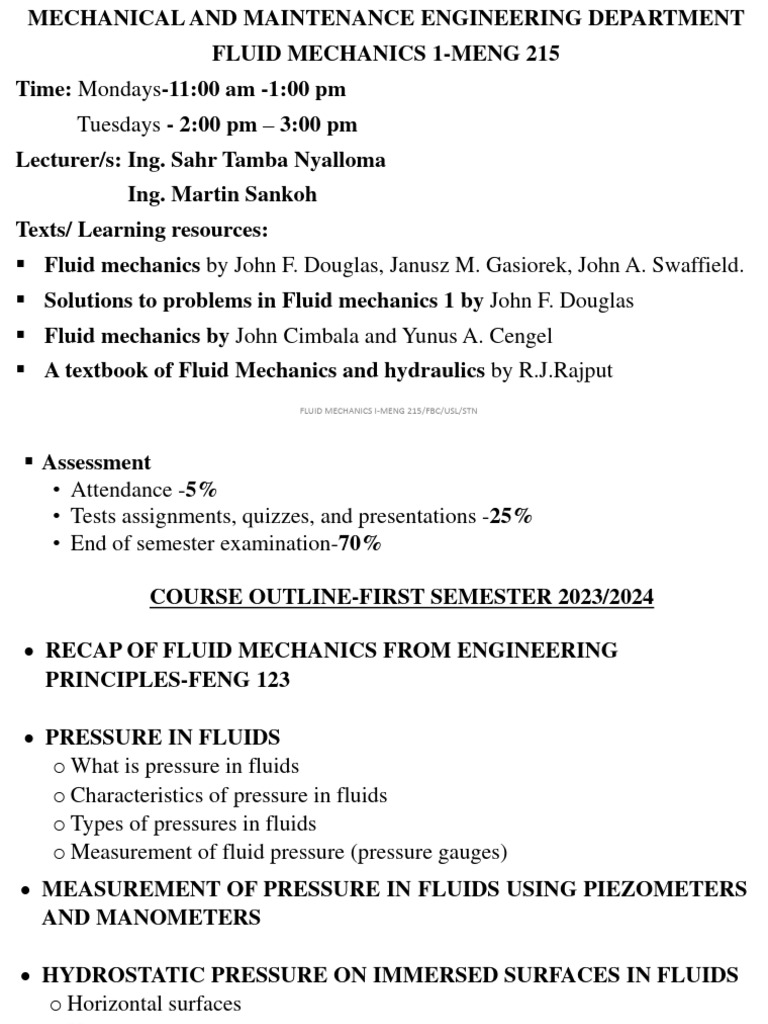 Fluid Mechanics 1-Meng 215 Lecture 1 | PDF | Power Station | Fluid Dynamics