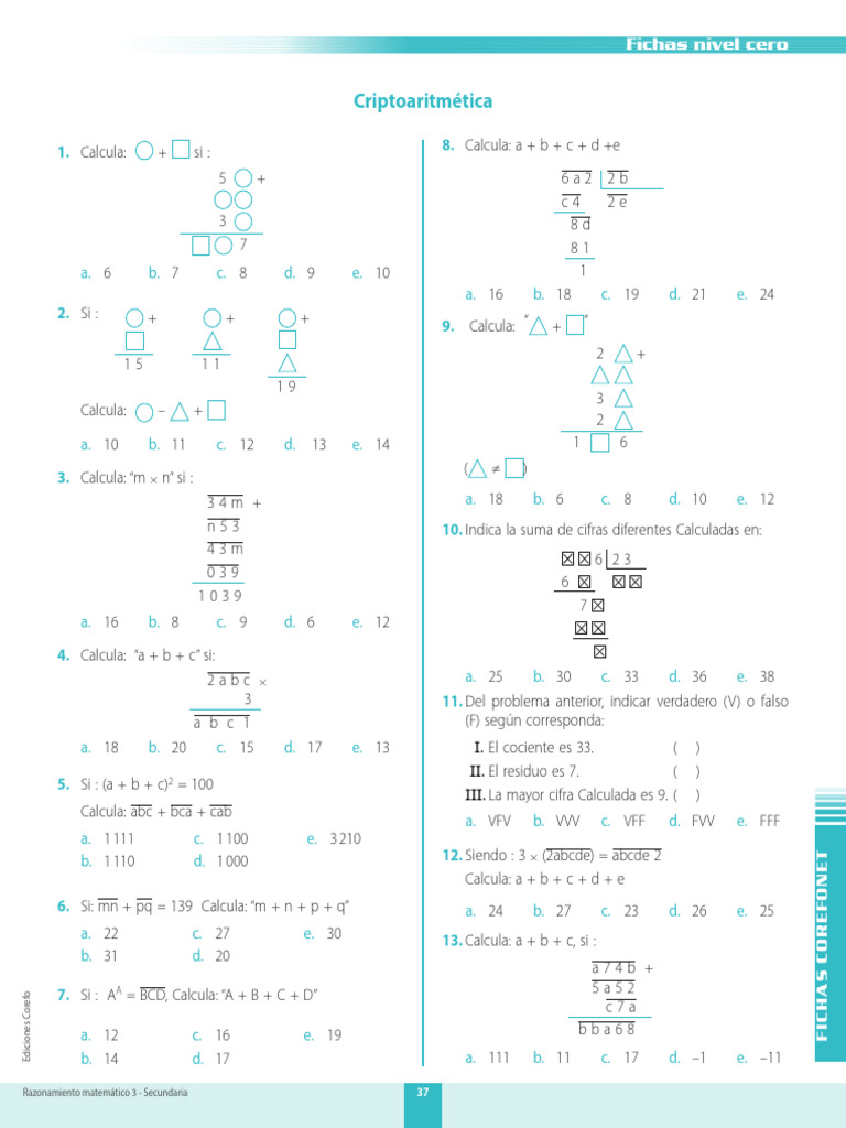 Ficha Nivel Cero Criptoaritmética TJbvY72 | PDF