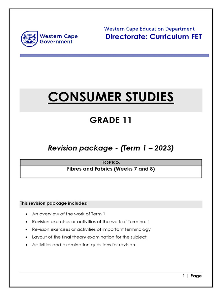 Consumer Studies GR 11 Revision Term 1 2023 Final | PDF | Textiles | Color