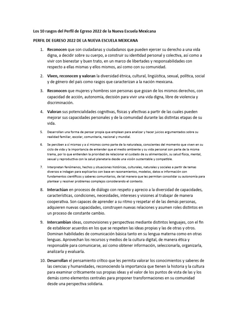Los 10 Rasgos Del Perfil de Egreso 2022 de La Nueva Escuela Mexicana ...