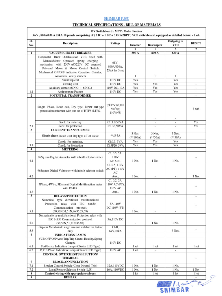 VCB Ratings and BOM Specifications | PDF | Switch | Electrical Wiring