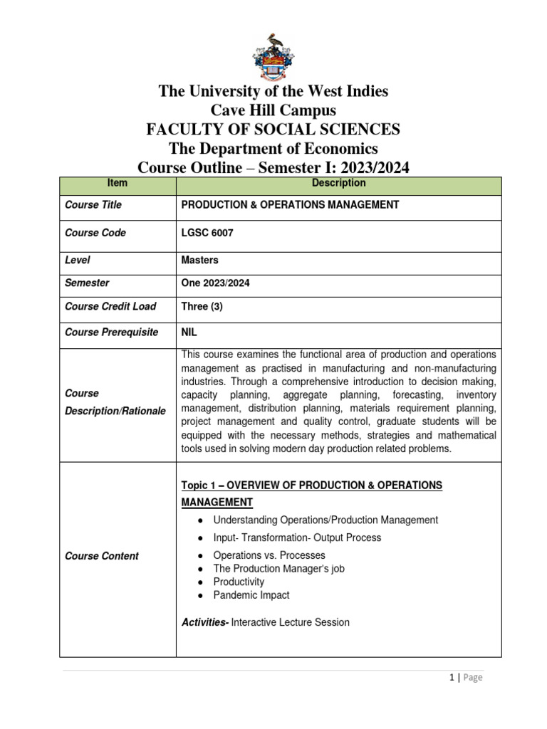 Production & Operations Management Course | PDF | Lean Manufacturing ...