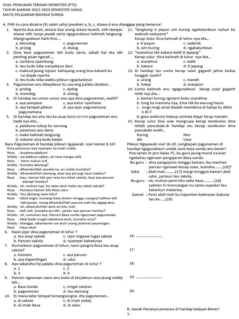 Soal PTS Basa Sunda Kela 7 Ganjil 2023 | PDF