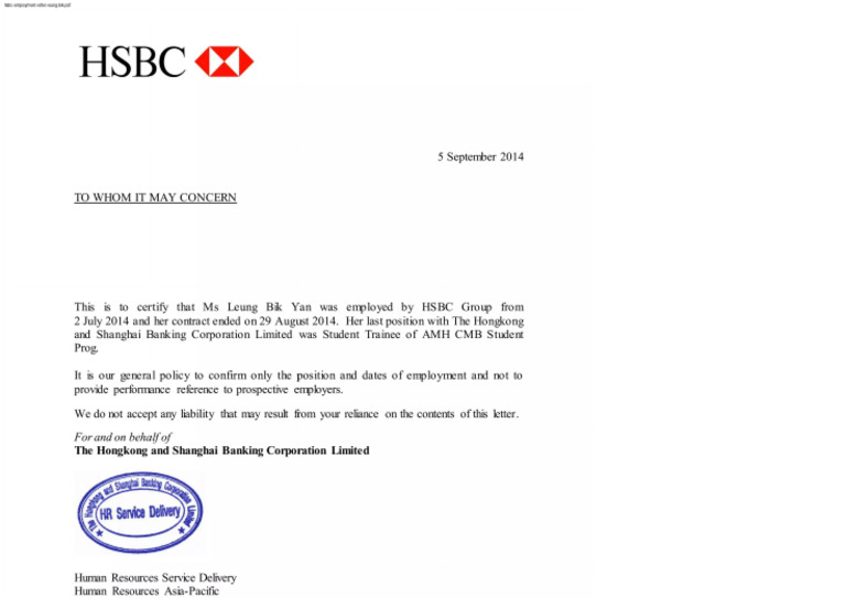 HSBC Employment Letter Leung Bik | PDF