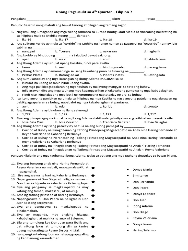 1st-Quiz-4th Quarter-Filipino-7 | PDF