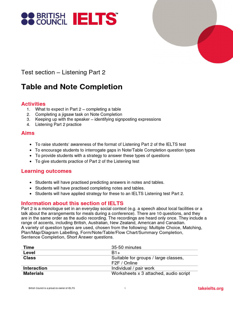 Listening Part 2 Table and Note Completion | PDF | International ...