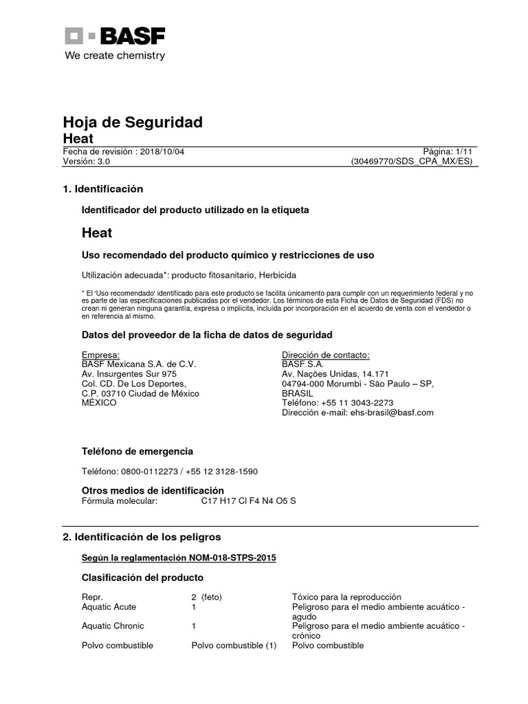 Hoja de Seguridad - Heat® | PDF | Agua | Toxicidad