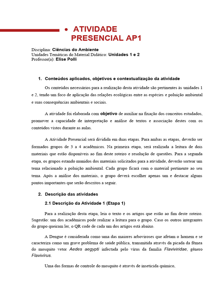 Atividade Presencial 1 - Ap1 - Ciências Do Ambiente | PDF | Aedes aegypti | Vírus