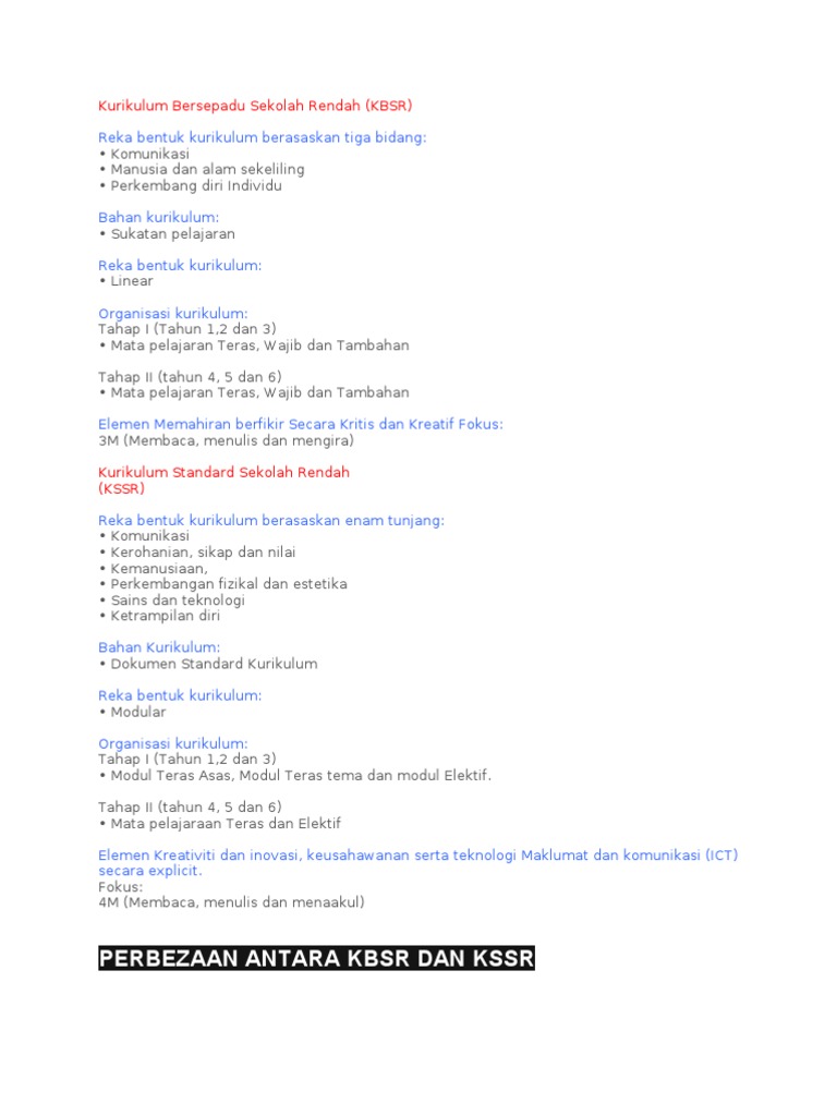 Persamaan Dan Perbezaan Antara KBSR Dan KSSR | PDF