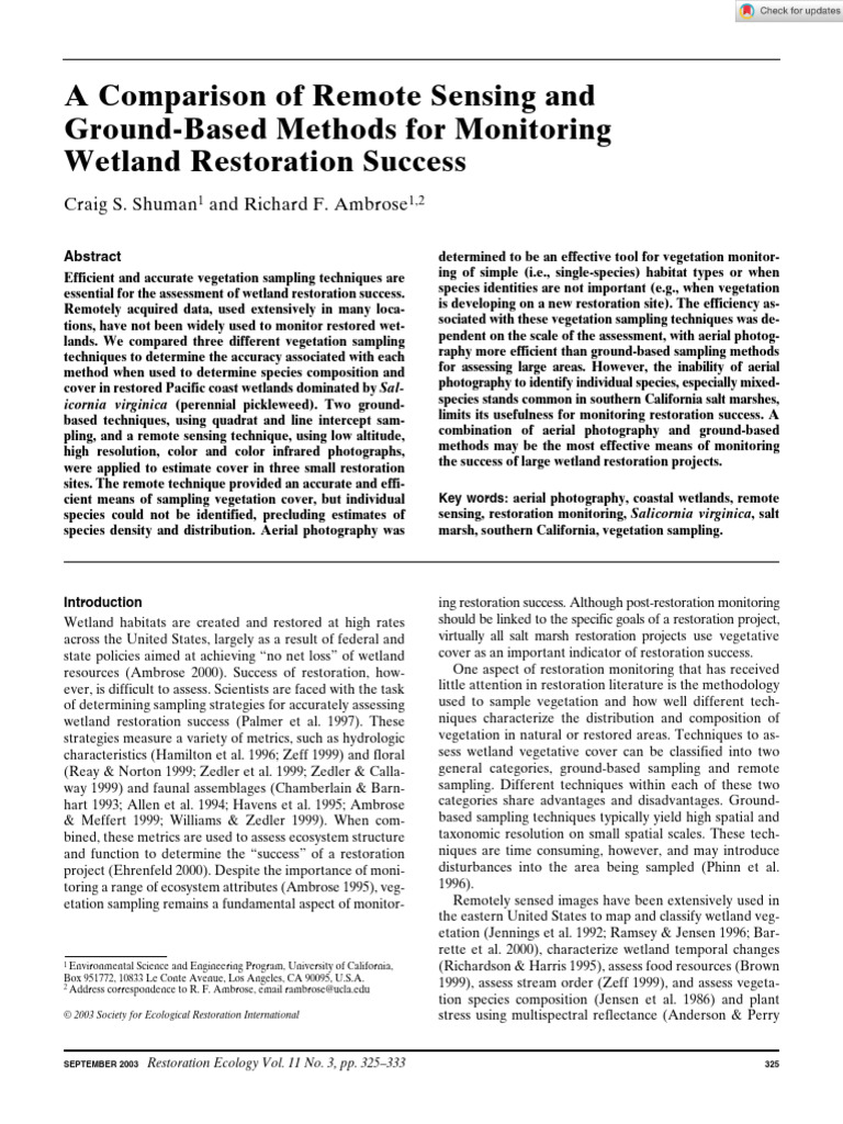 Restoration Ecology - 2003 - Shuman - A Comparison of Remote Sensing and Ground Based Methods ...