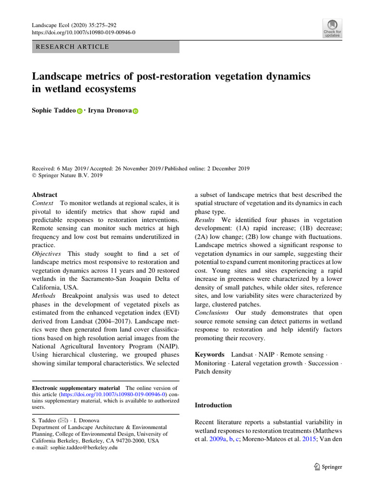 Landscape Metrics Of Post Restoration Vegetation Dynamics PDF