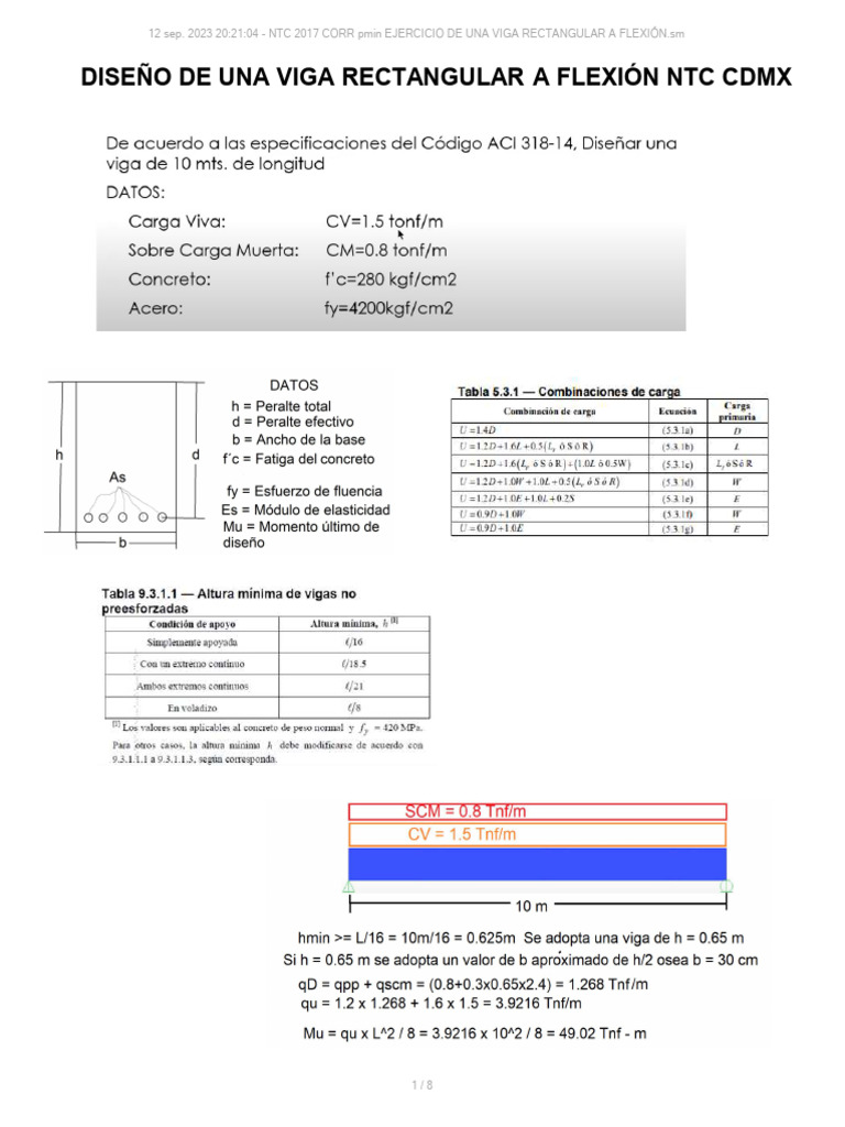 NTC 2017 Corr Pmin Ejercicio de Una Viga Rectangular A Flexión | PDF | Viga (Estructura) | Doblar