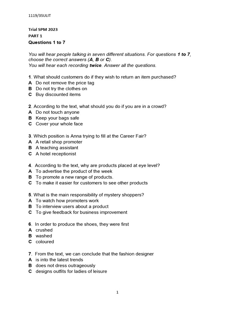 BI Listening Test Trial SPM 2023 | PDF