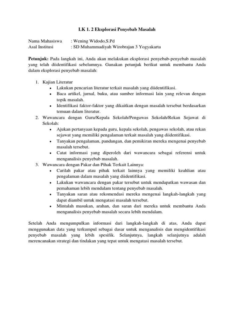 LK 1.2 Eksplorasi Penyebab Masalah - Umum Wening Widodo, S.pd | PDF