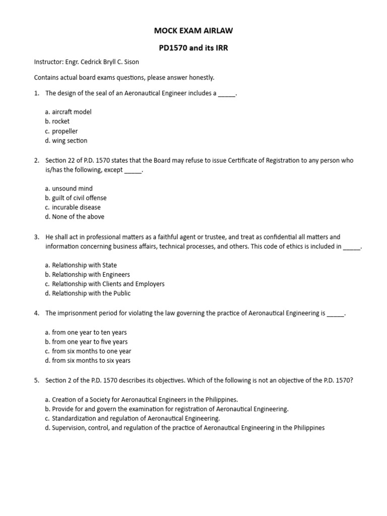 PD1570 and IRR Mock | PDF | Engineering | Aircraft