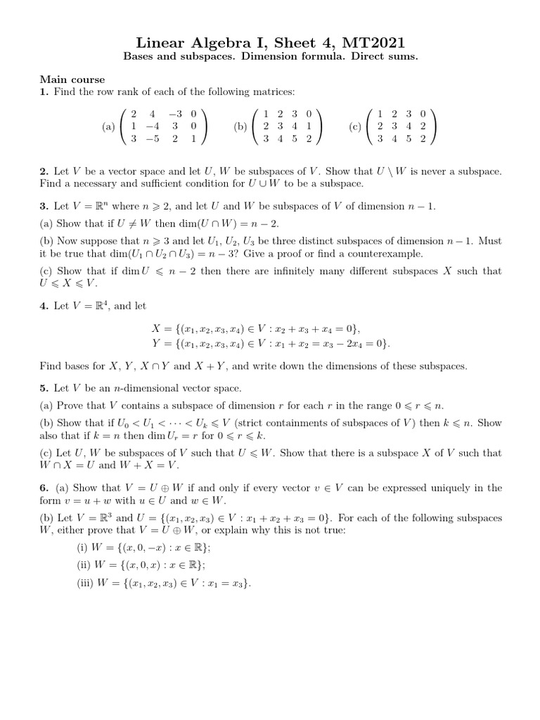 Sheet 4 | PDF | Linear Subspace | Algebra