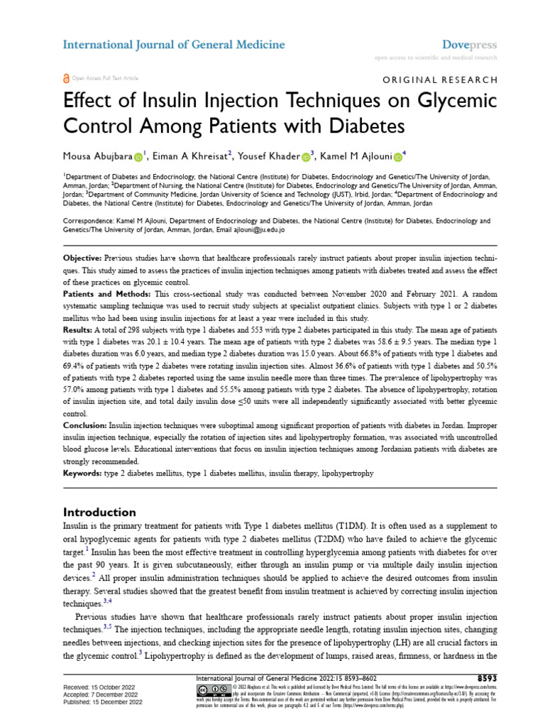 Effect of Insulin Injection Techniques on Glycemic Control Among ...