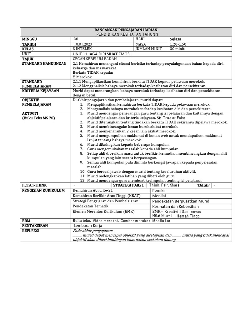 RPH Minggu 36 Selasa 10 Jan 2023 | PDF | Karier & Perkembangan | Seni
