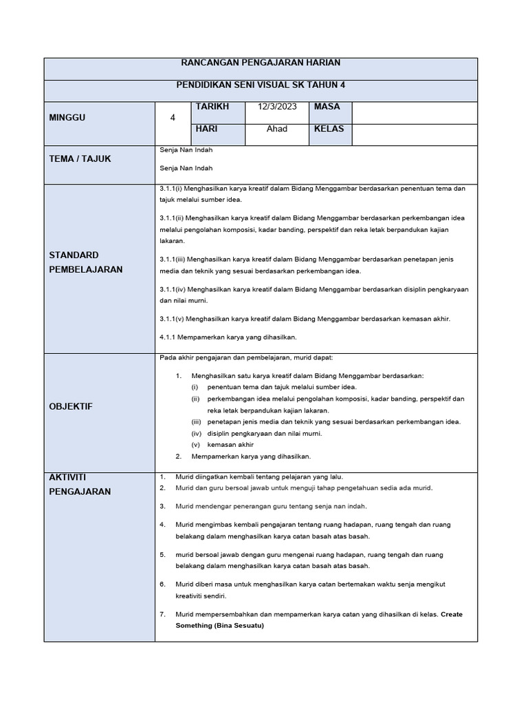 RPH Ringkas Minggu 4 PSV THN 4 by Cikgu Gorgeous | PDF