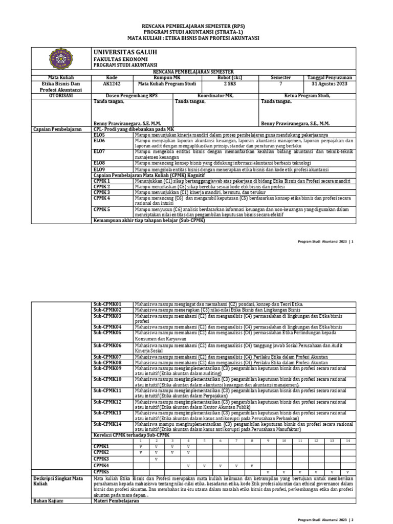 RPS - Etika Bisnis & Profesi Akuntansi | PDF | Karier & Perkembangan