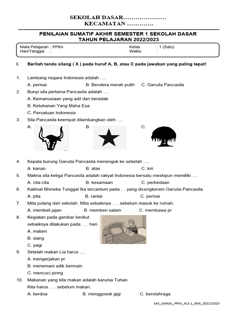 SOAL SAS PPKN Kelas 1 Semester 1 | PDF