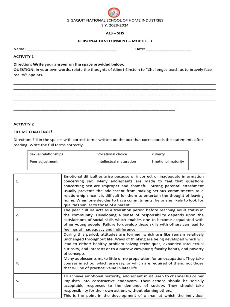 Als-Shs Perdev Activity Module3 | PDF | Adolescence | Behavioural Sciences