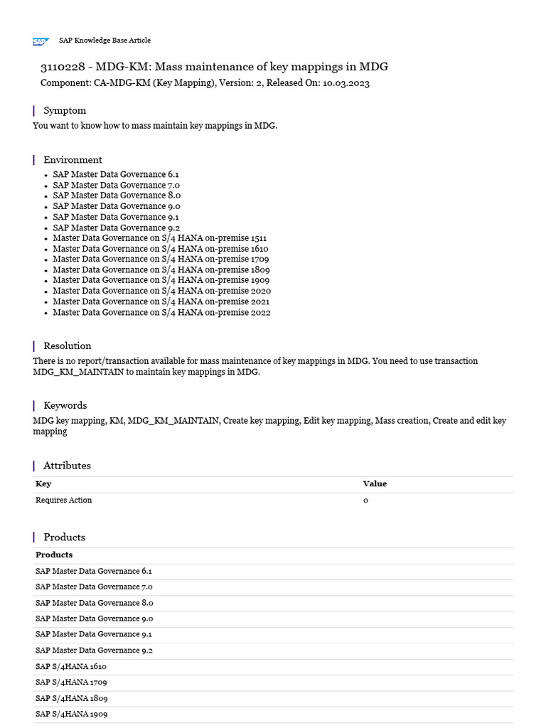 MDG-KM: Mass Maintenance of Key Mappings in MDG: Symptom | PDF