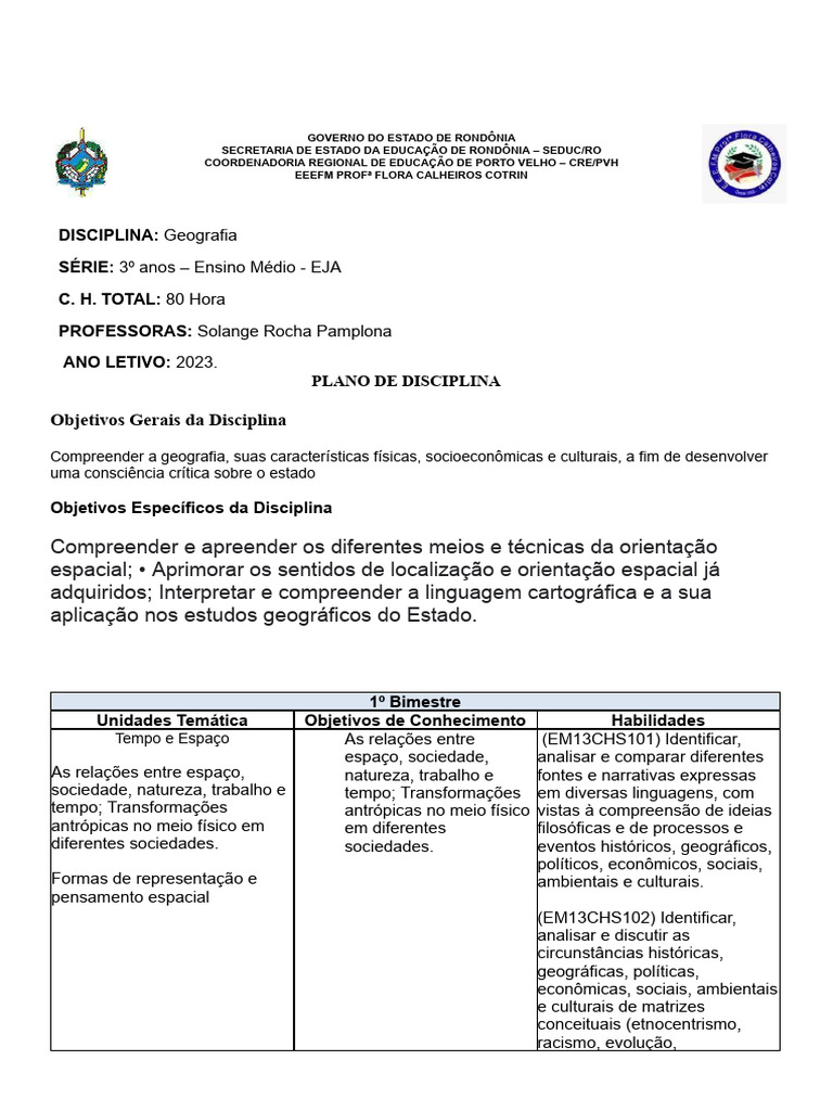 Plano Anual - 3 Ano Geografia Eja - Ementa Professora Solange Rocha Pamplona | PDF | Geografia ...
