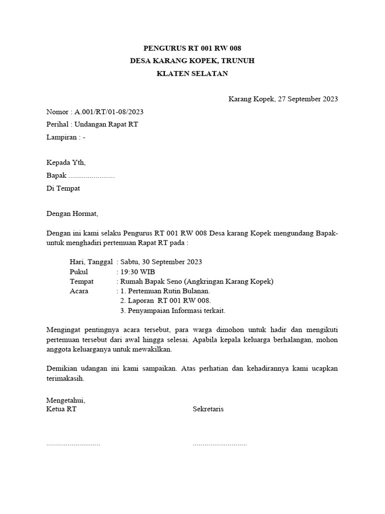 Contoh Surat Undangan Rapat RT Sederhana | PDF | Griya & Taman
