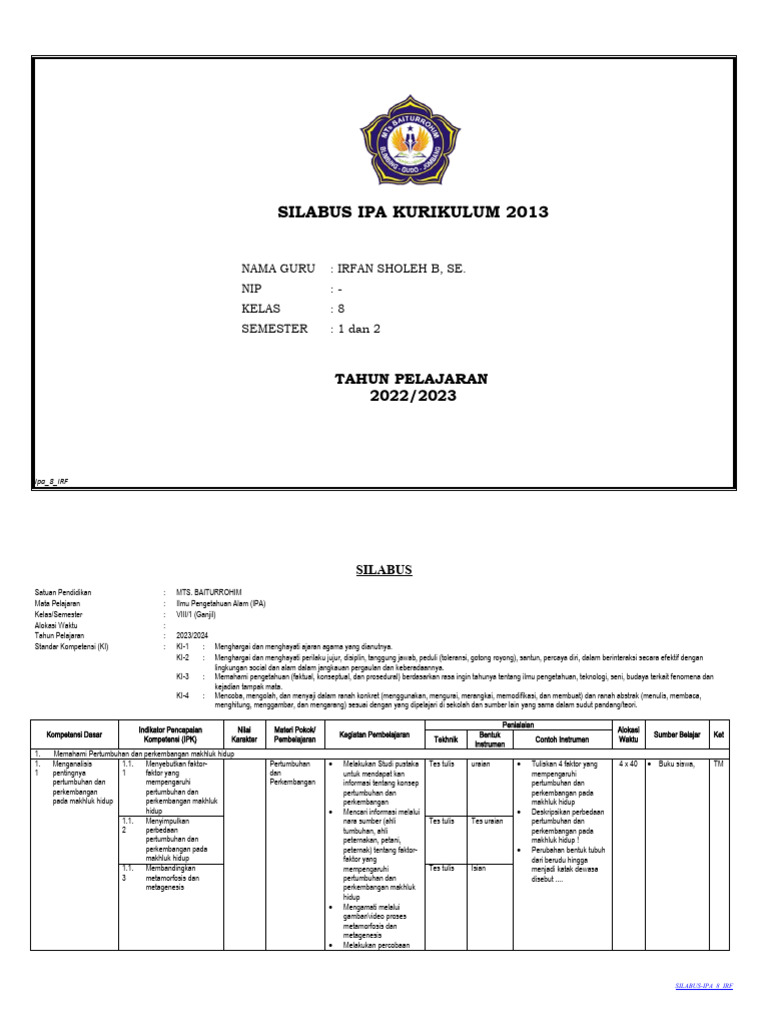 Silabus IPA Kelas 8 2023-2024 | PDF