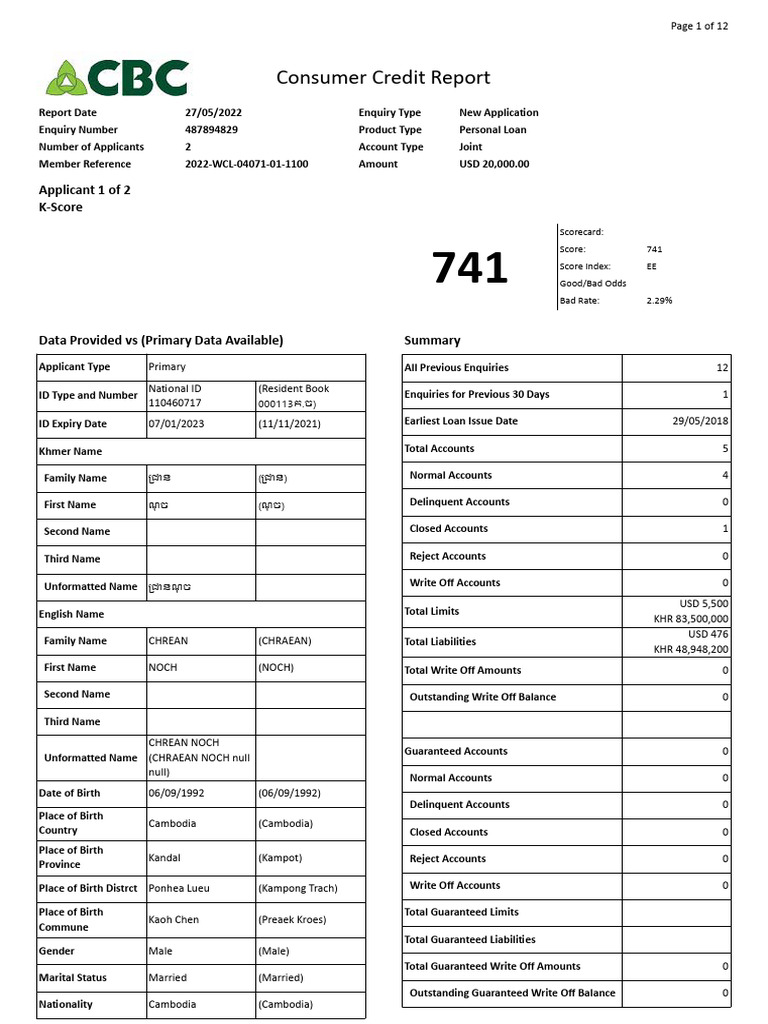 Consumer Credit Report: Applicant 1 of 2 K-Score | PDF | Credit ...