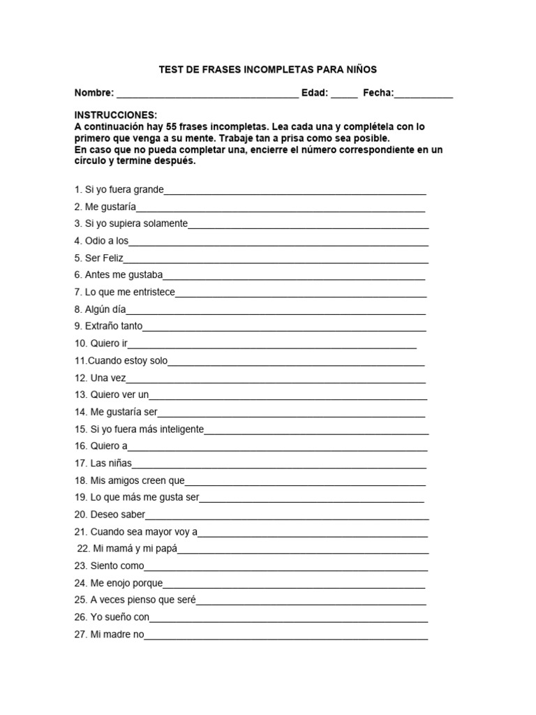 Test de Frases Incompletas para Ninos | PDF