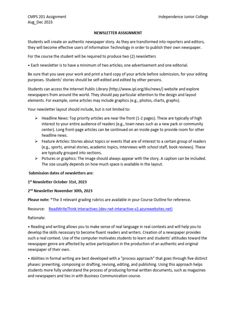 Newsletter Assignment 1 2 | PDF | Newspapers | Page Layout