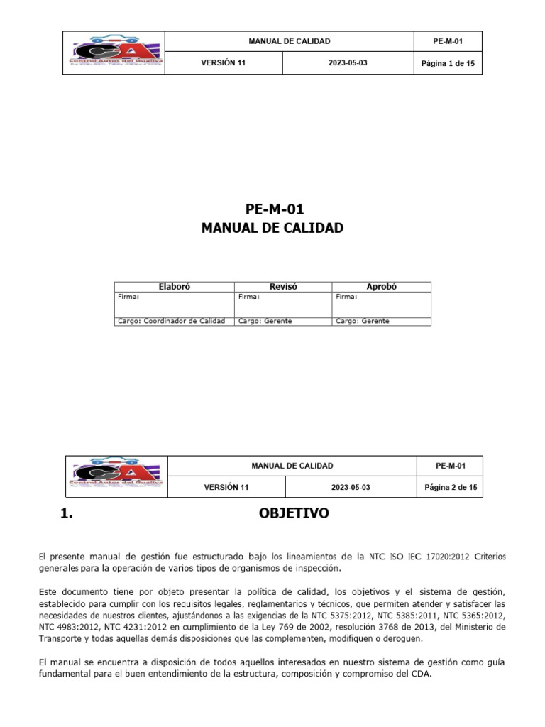 Pe-M-01 Manual de Calidad v11 | PDF | Calidad (comercial) | Business