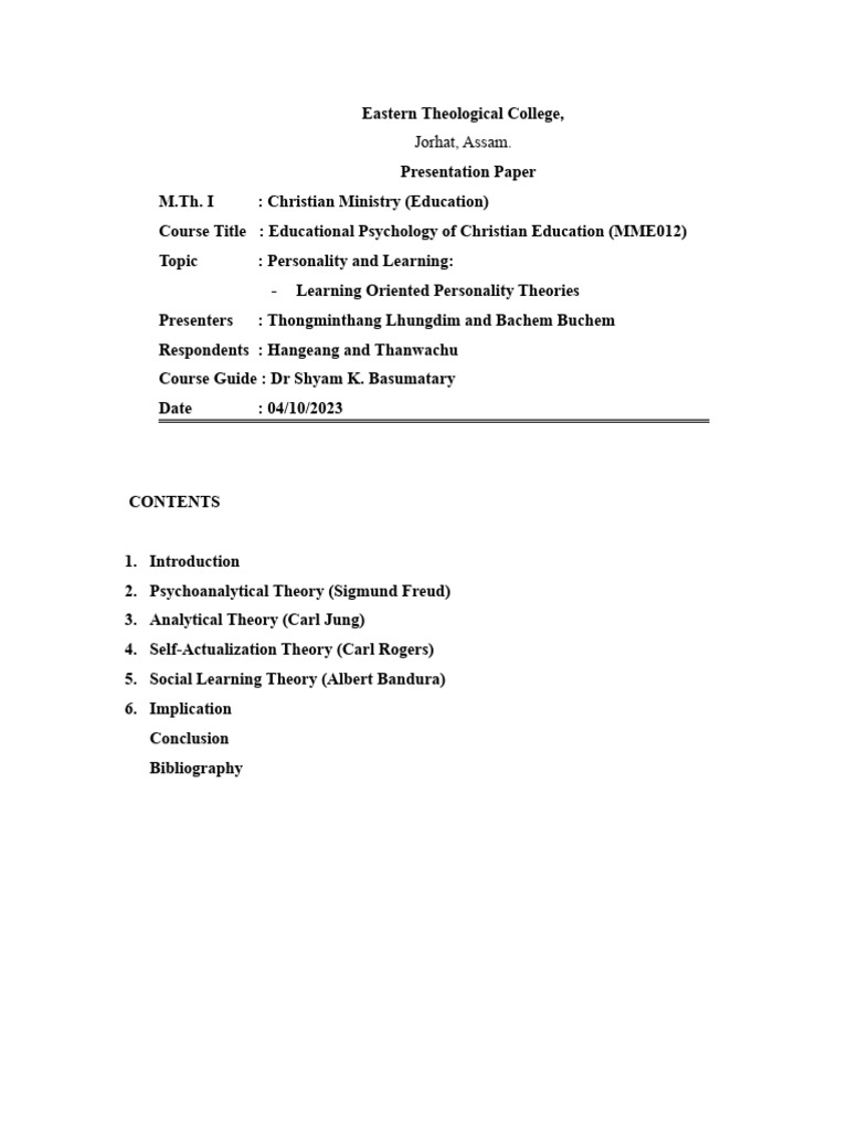 Learning Oriented Personality Theories | PDF | Id | Extraversion And Introversion