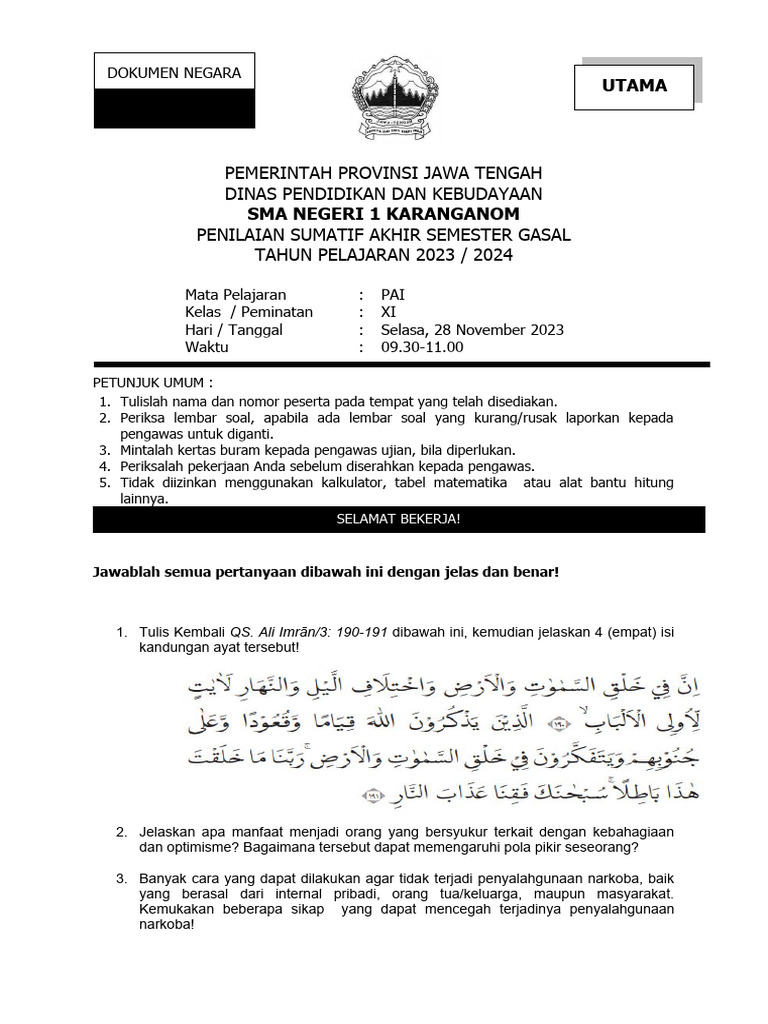 Soal Uraian Pai Kelas Xi Psas Gasal 20232024 | PDF