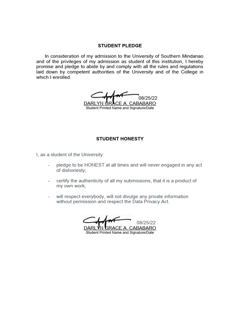 Darlyn Grace Cababaro - Student Pledge | PDF