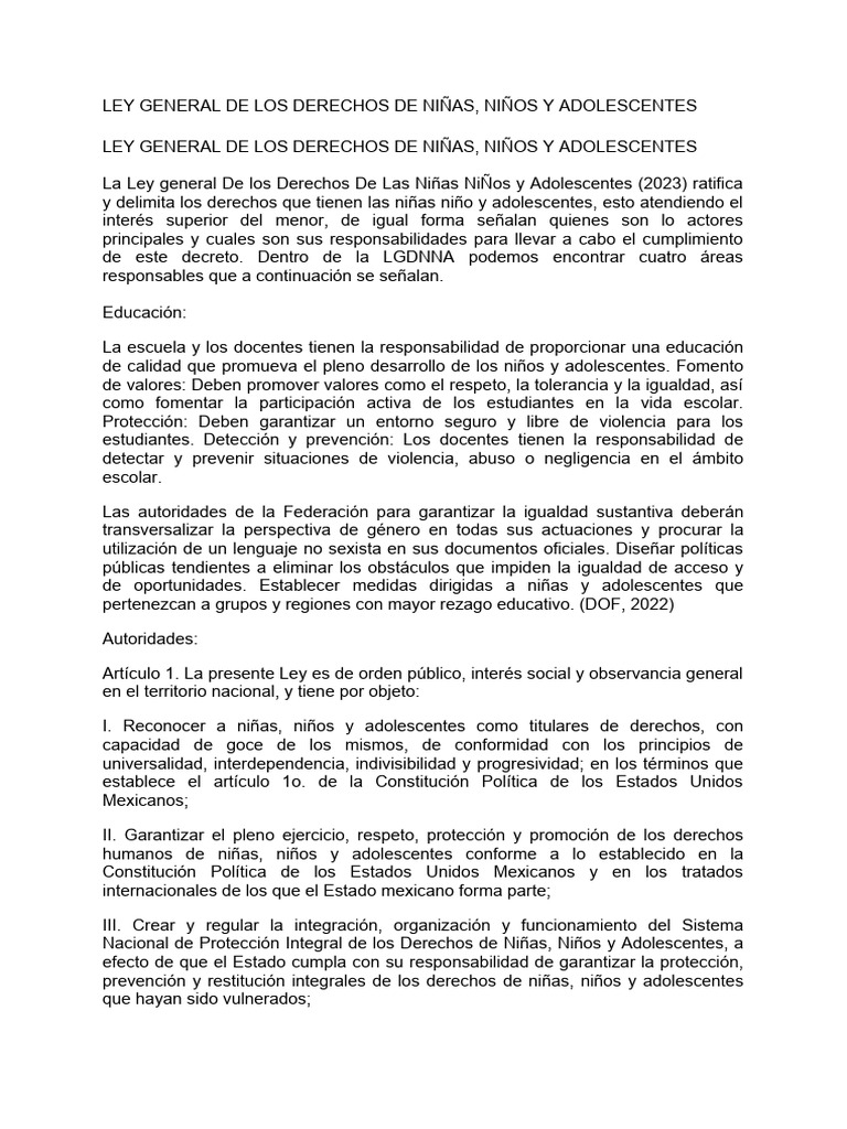 Ley General de Los Derechos de Niñas, Niños y Adolescentes | PDF ...