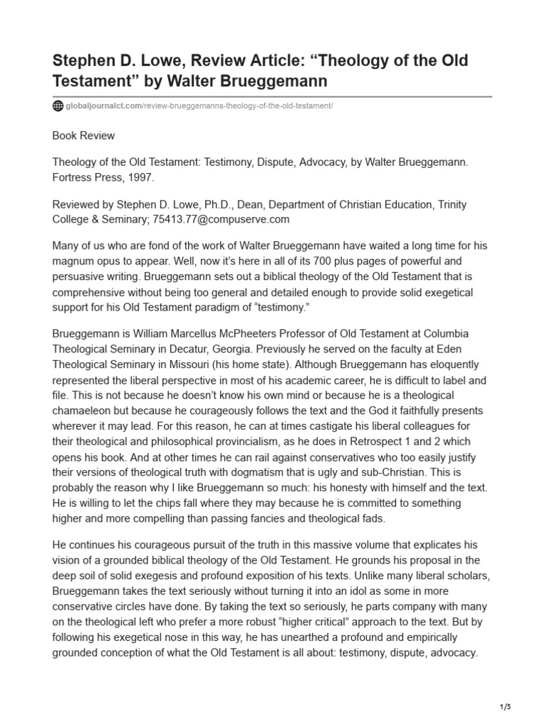 Stephen D Lowe Review Article Theology of The Old Testament by Walter ...