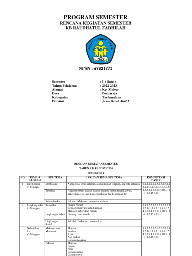Program - Semester Tk/paud | PDF