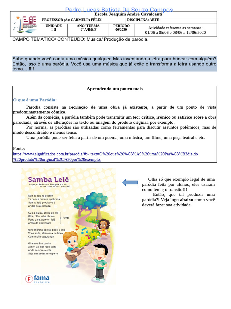 5 Atividade de Arte - Produção de Paródia | PDF | Paródia