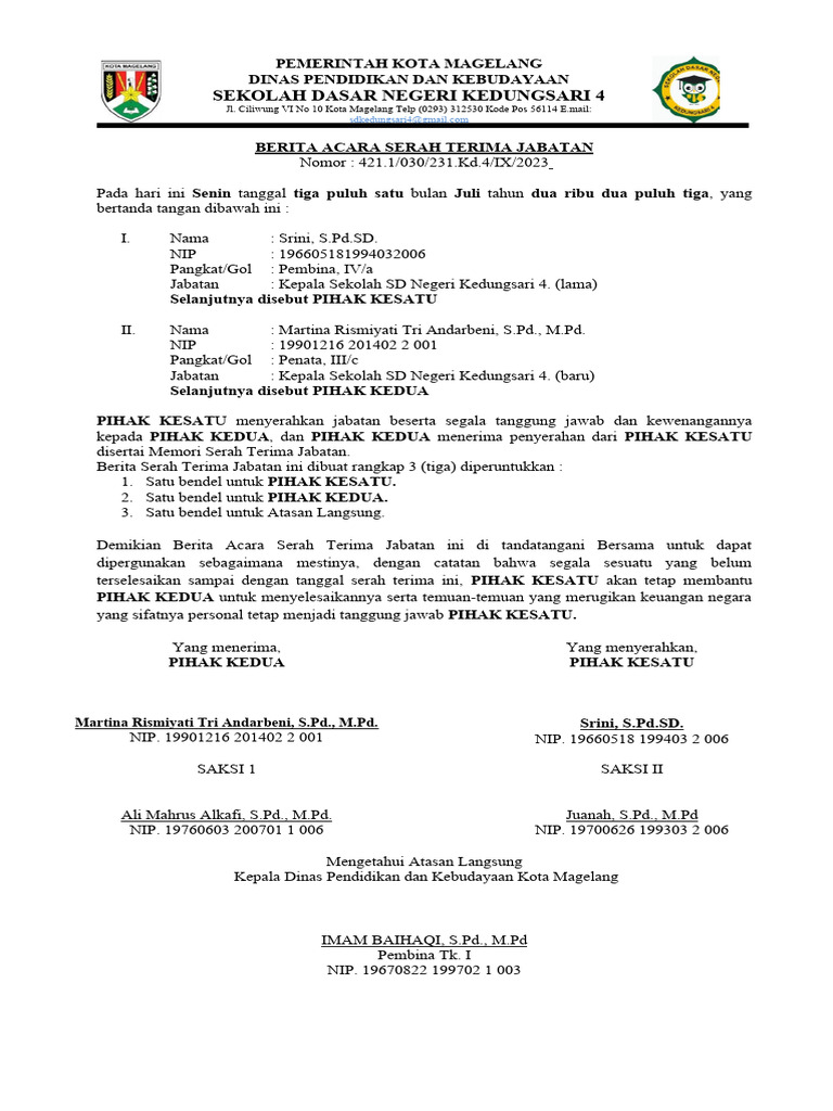 Serah Terima Jabatan Kepala Sekolah SD Kedungsari 4 | PDF