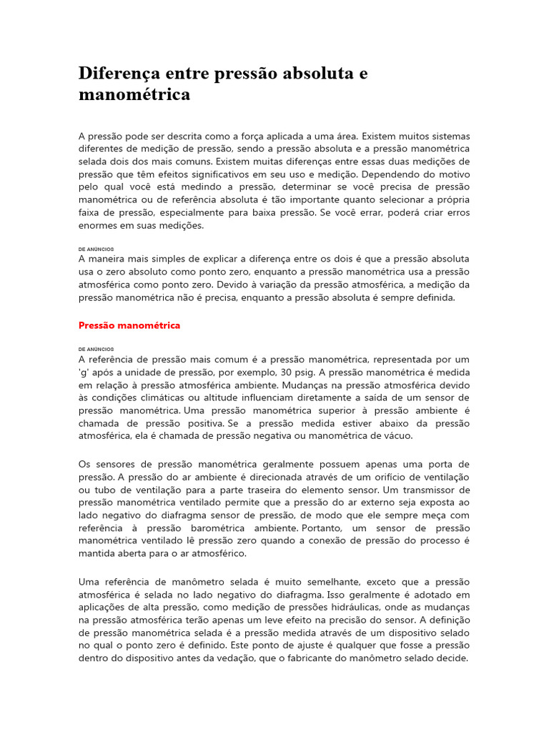Diferença Entre Pressão Absoluta e Manométrica | PDF | Pressão ...