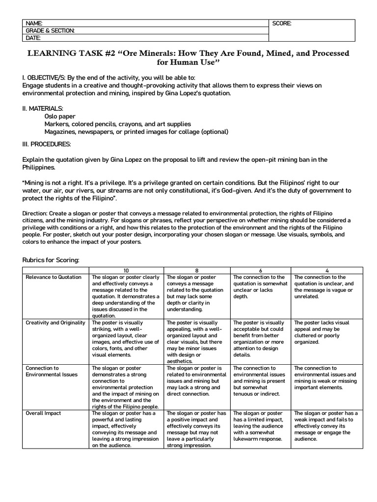Learningtask2. Lesson 6. Ore Minerals | PDF | Mining | Cognitive Science