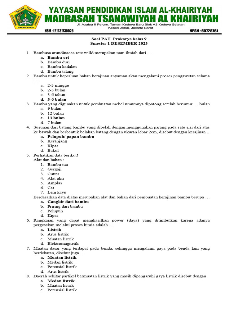 Soal Pas Prakarya Kls 9 Desember 2023 | PDF | Griya & Taman